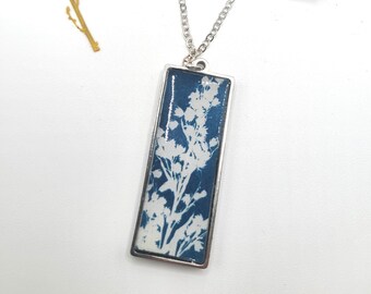Floral Cyanotype Pendant Necklace Unique Jewelry Cyan Blue Blueprint ...