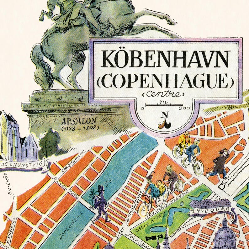 Fun Map of Copenhagen Streets in Denmark Vintage Pictorial Whimsical ...