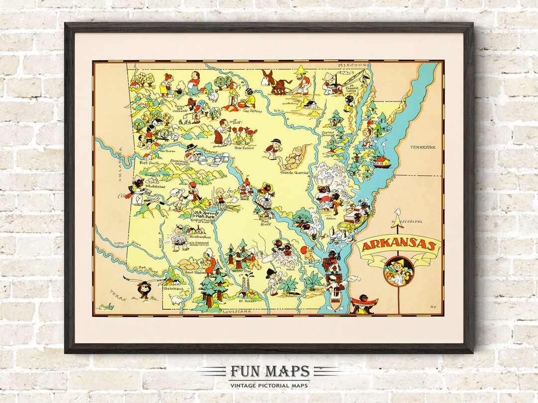 Fun State Map of Arkansas – Vintage Pictorial Whimsical Cartoon Print ...