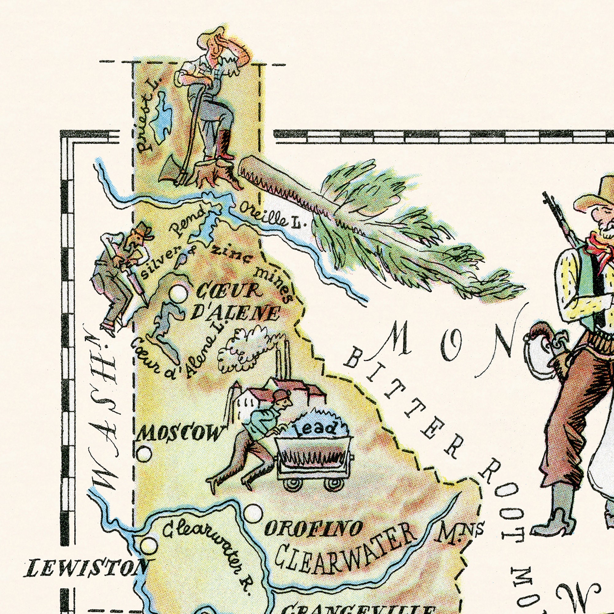 Fun State Map of Idaho Vintage Pictorial Whimsical Cartoon Print ...