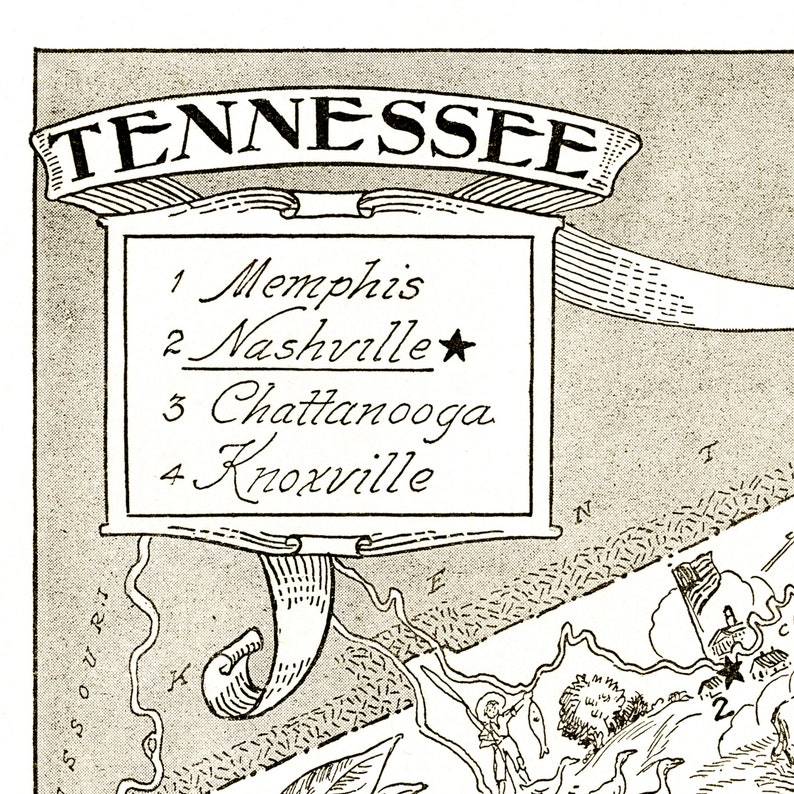 Vintage State Map of Tennessee Fun Pictorial Whimsical Cartoon Print ...