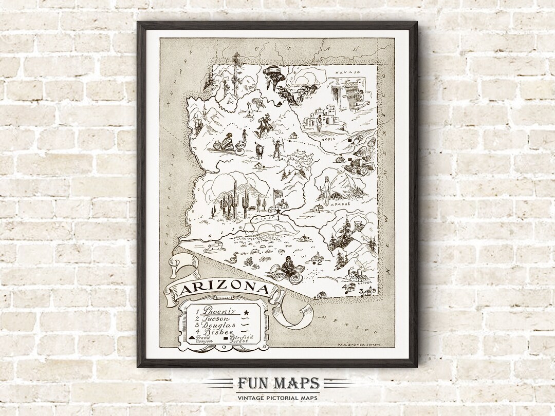 Vintage State Map of Arizona – Fun Pictorial Whimsical Cartoon Print ...