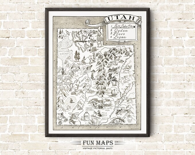 Vintage State Map of Utah – Fun Pictorial Whimsical Cartoon Print ...
