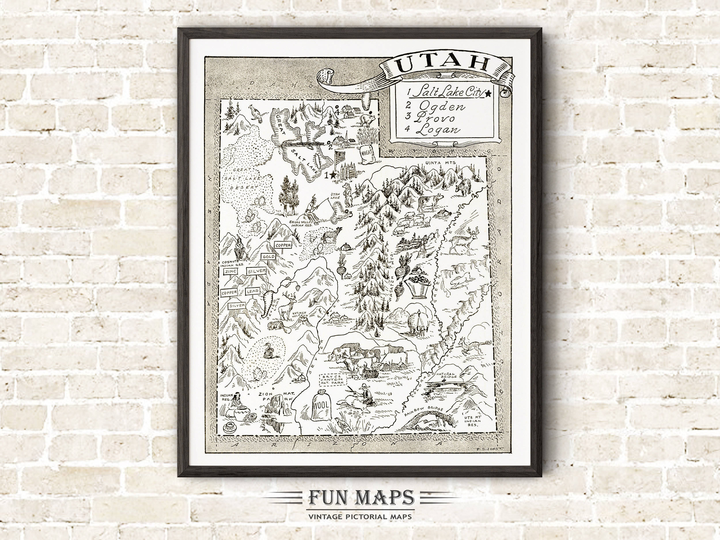 Vintage State Map of Utah Fun Pictorial Whimsical Cartoon Print ...