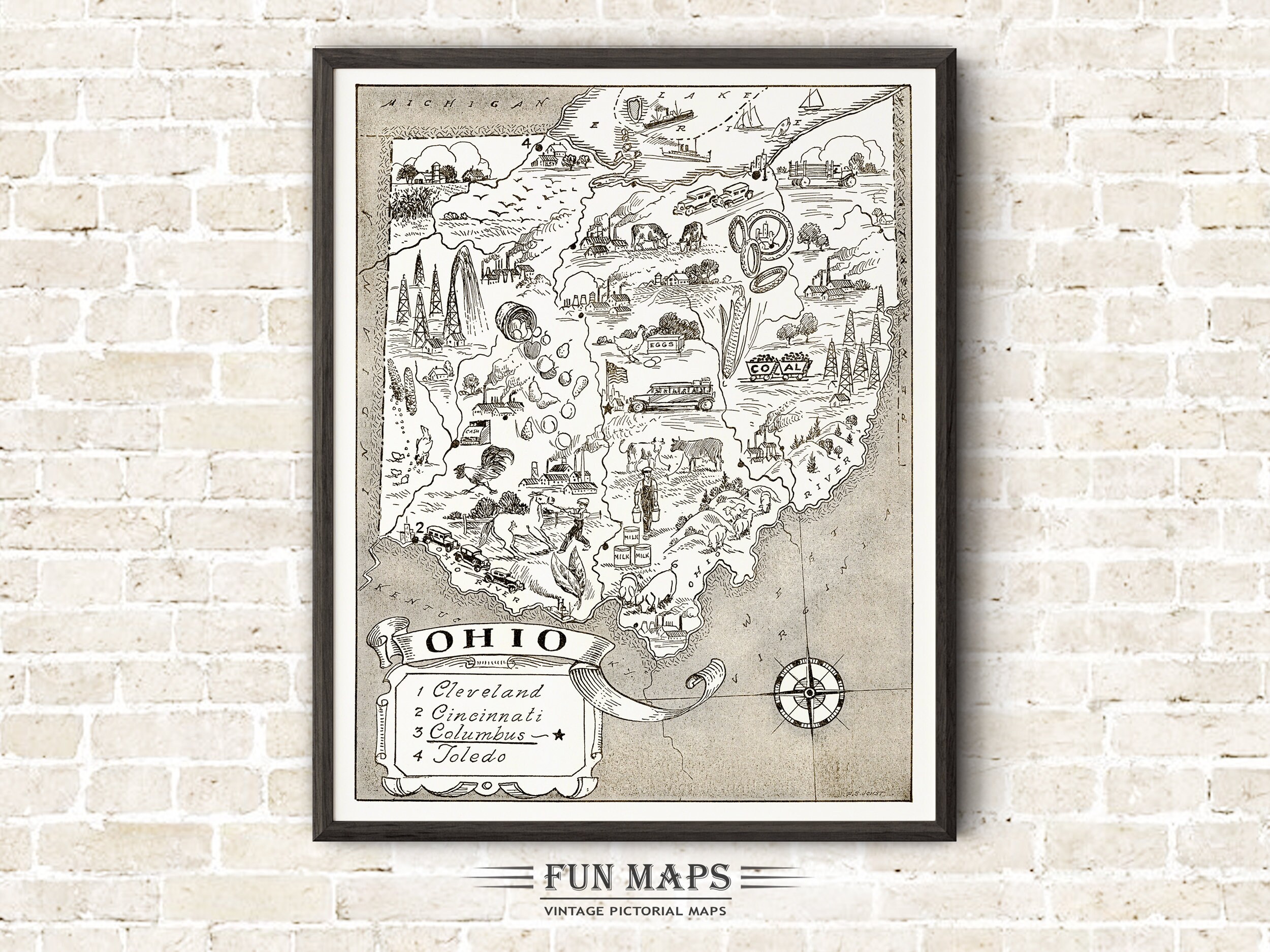 Vintage State Map of Ohio Fun Pictorial Whimsical Cartoon Print ...