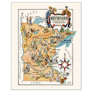 Fun State Map of Minnesota – Vintage Pictorial Whimsical Cartoon Print ...