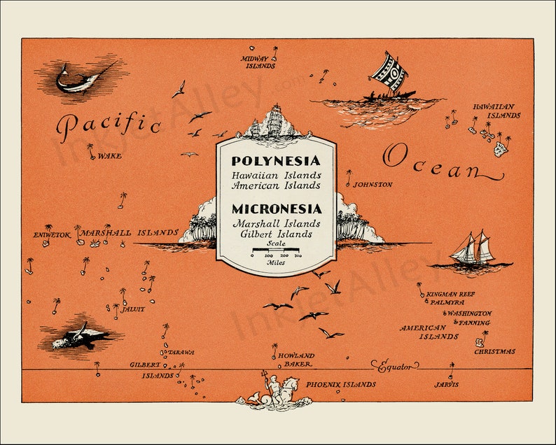 Map of Islands in Polynesia & Micronesia Fun Vintage Pictorial Animated ...
