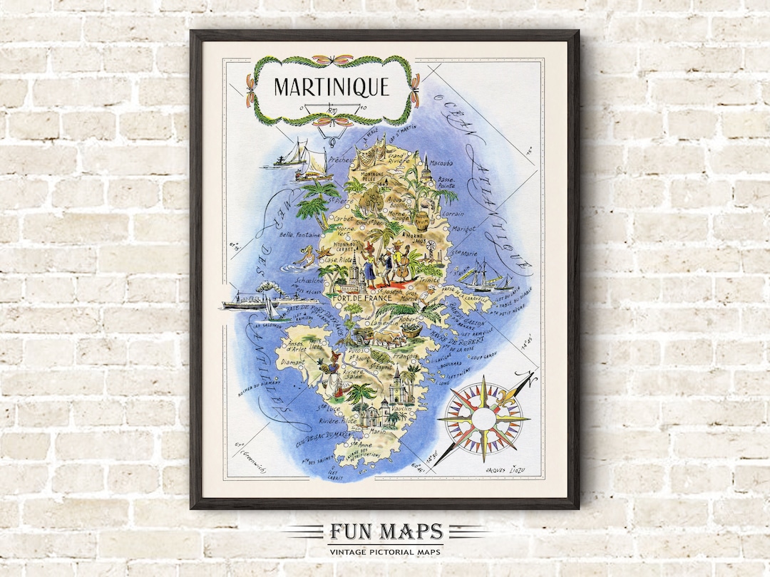 Fun Map of Martinique in the Caribbean – Vintage Pictorial Whimsical ...