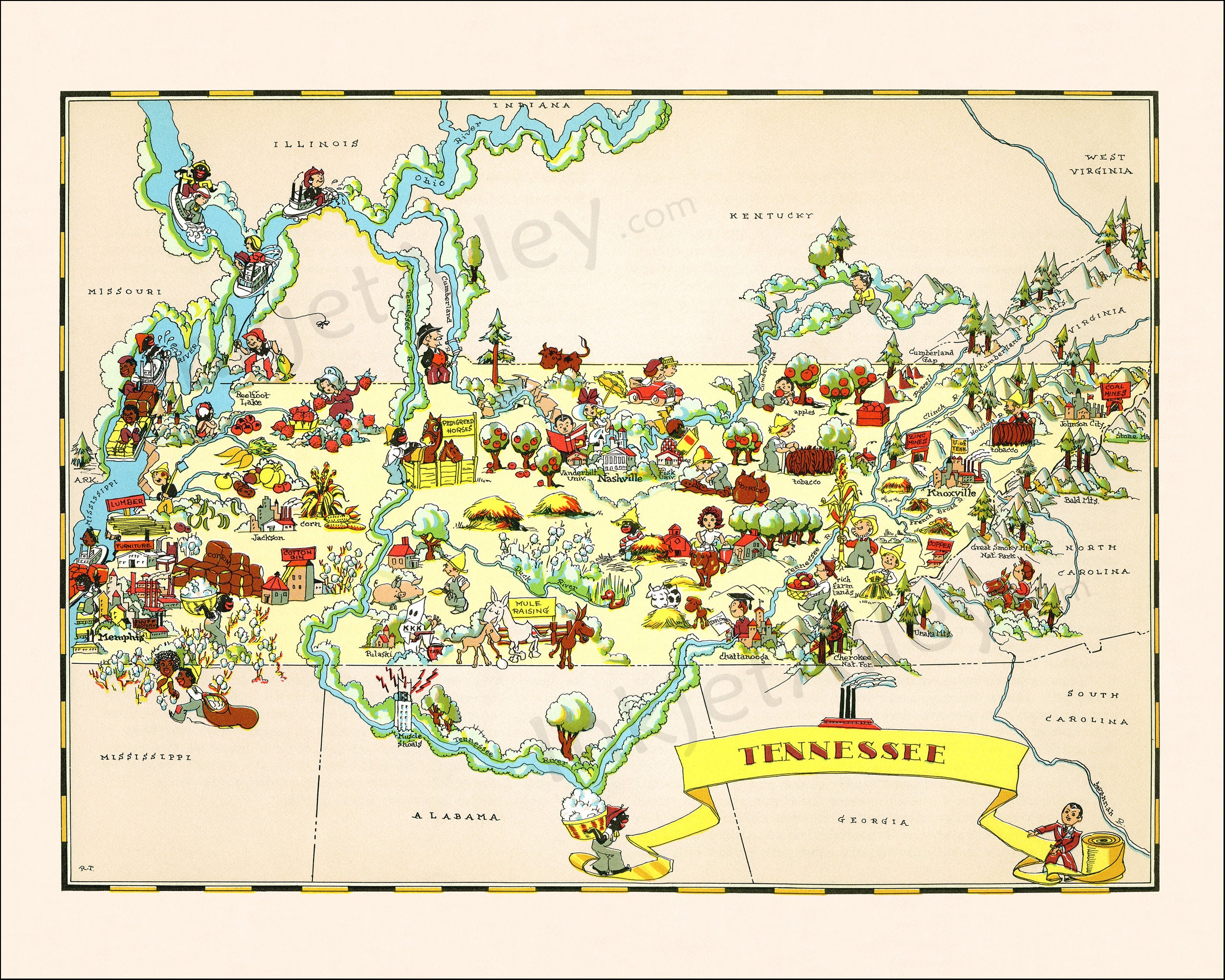 Fun State Map of Tennessee Vintage Pictorial Whimsical - Etsy