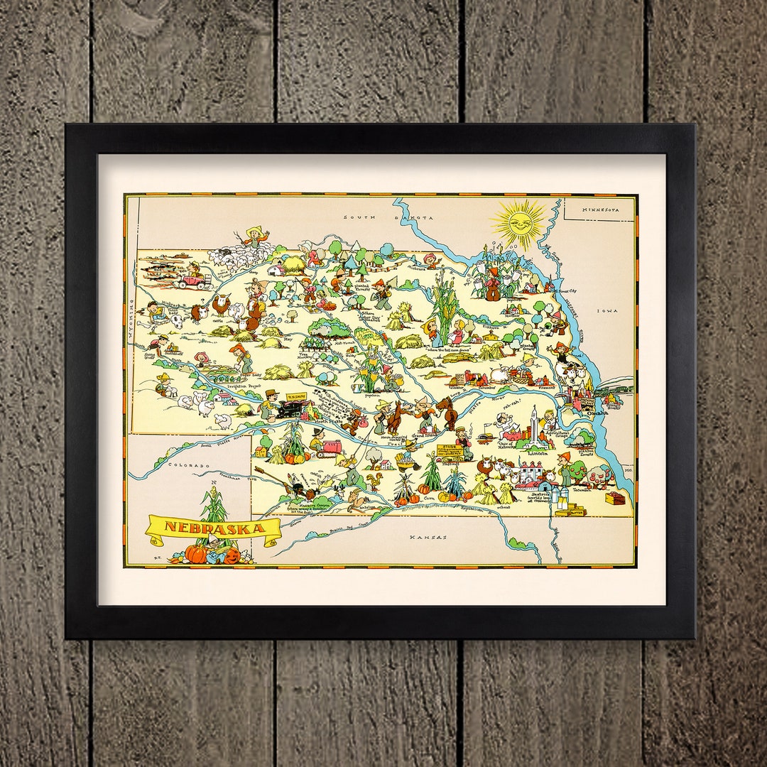 Fun State Map of Nebraska Vintage Pictorial Cartoon Print - Etsy