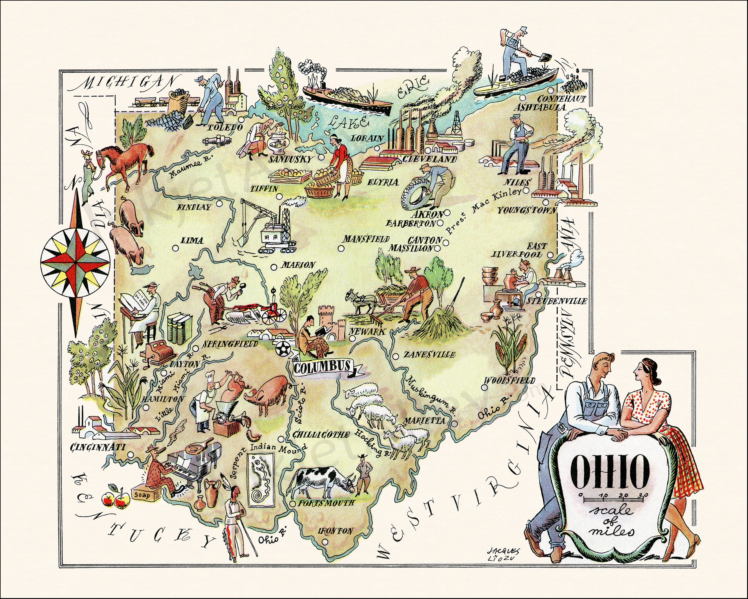 Fun State Map of Ohio Vintage Pictorial Whimsical Cartoon Print ...