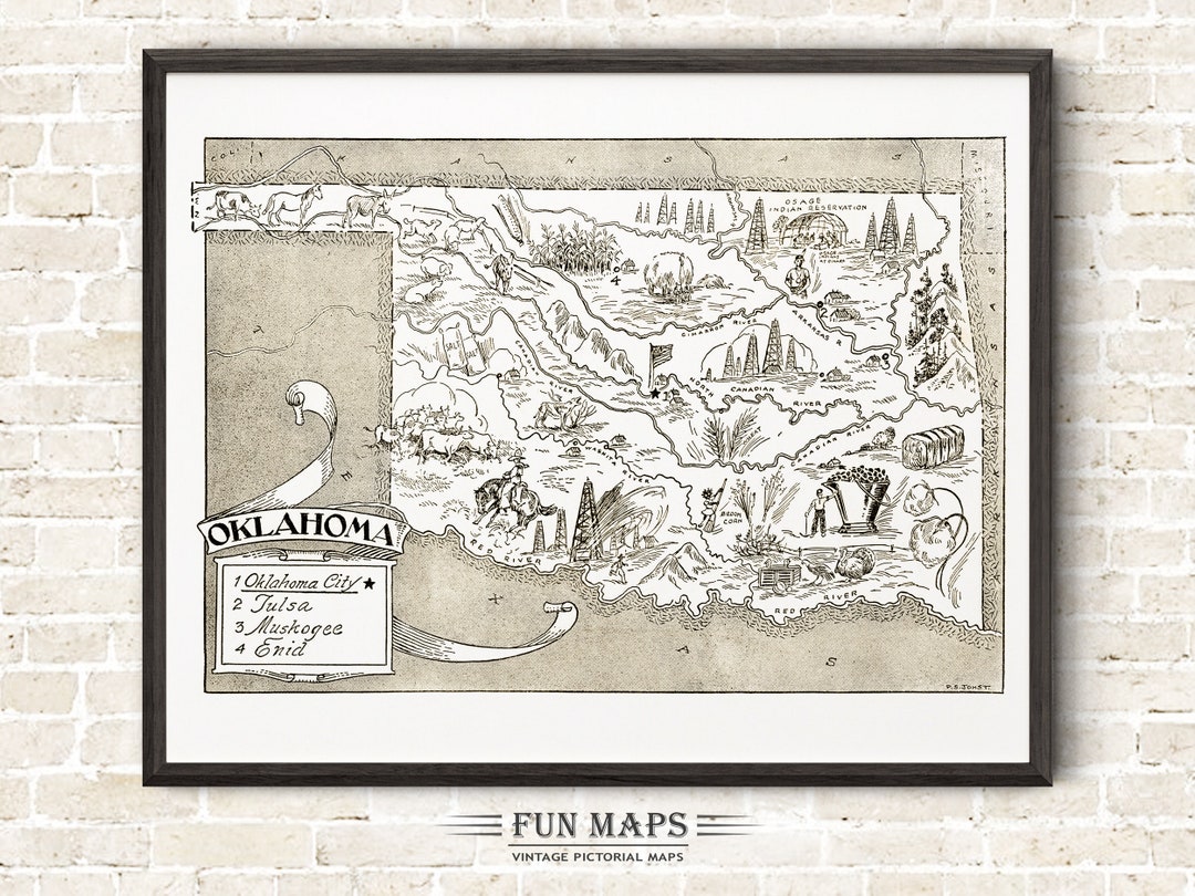 Vintage State Map of Oklahoma – Fun Pictorial Whimsical Cartoon Print ...