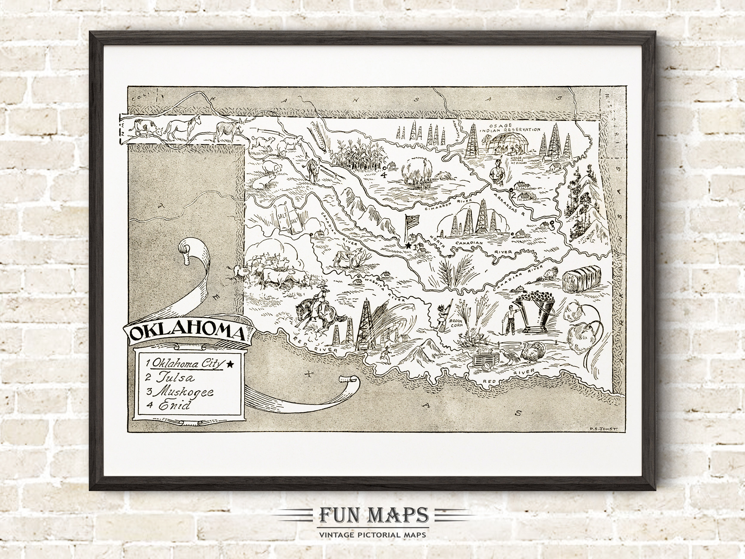 Vintage State Map of Oklahoma Fun Pictorial Whimsical Cartoon Print ...