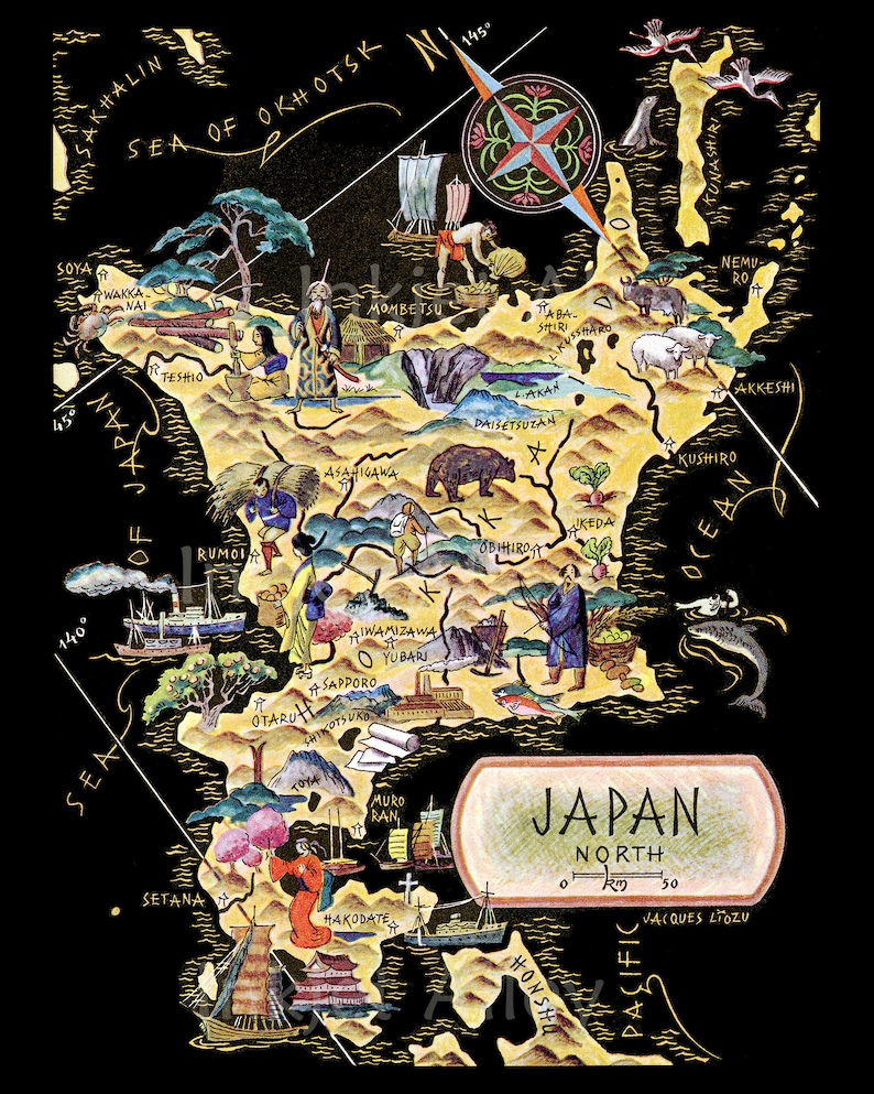 Map of North Japan Fun Vintage Pictorial Whimsical Cartoon - Etsy