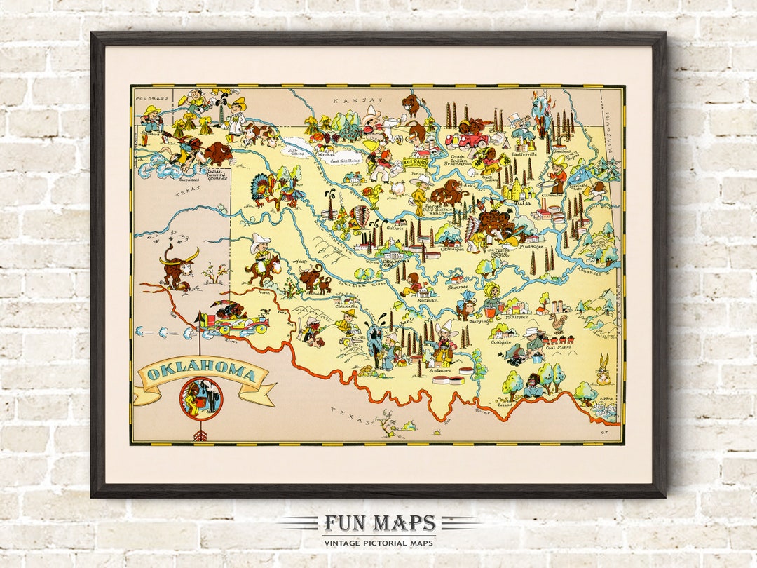 Fun State Map of Oklahoma – Vintage Pictorial Whimsical Cartoon Print ...