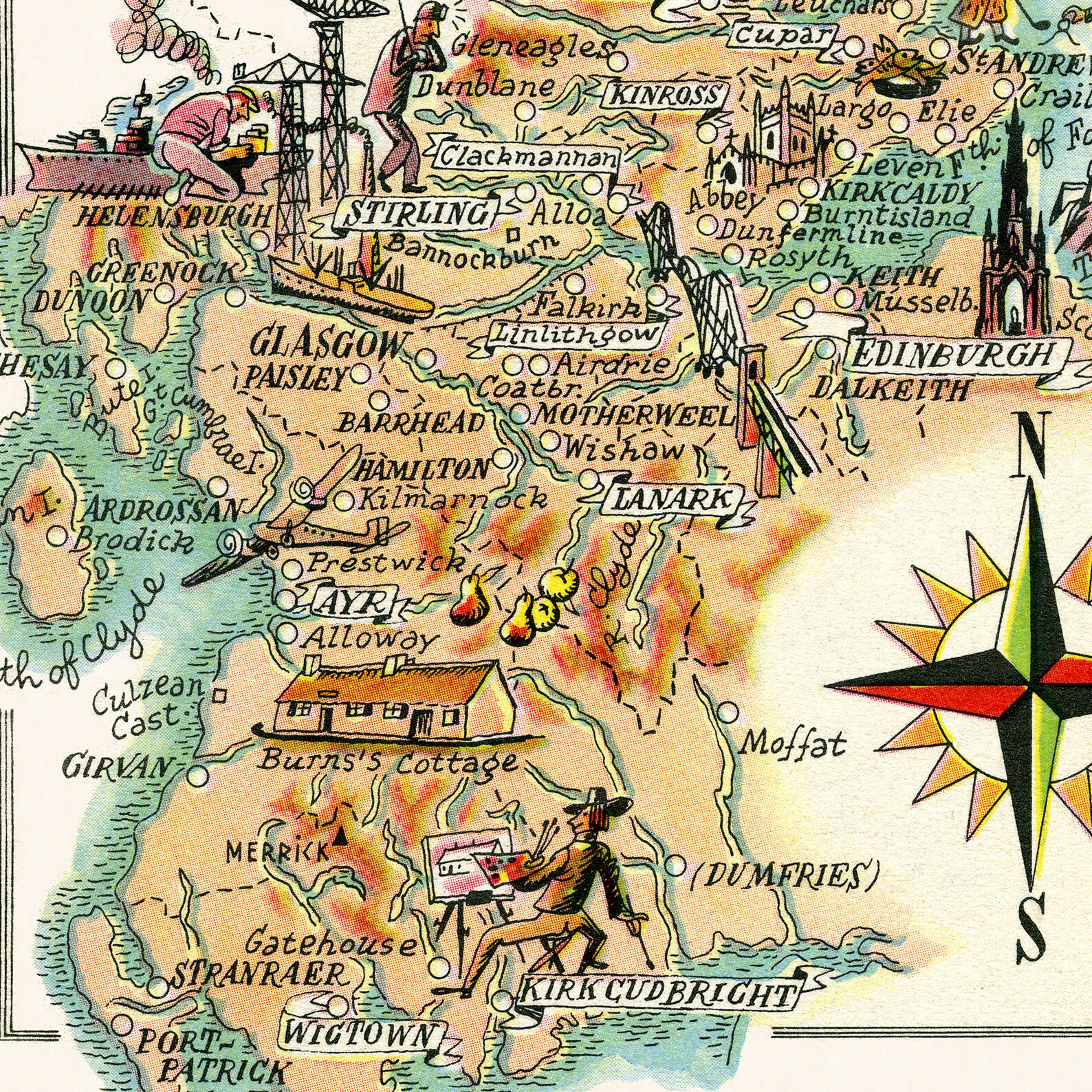 Fun Map of the Lowlands in Great Britain England UK Vintage - Etsy