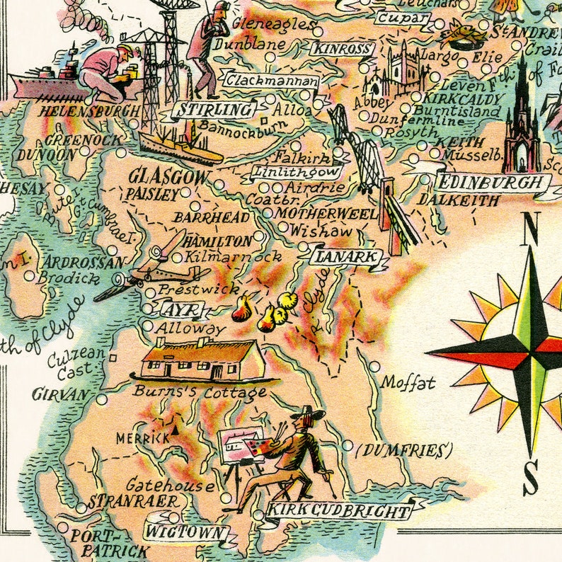 Fun Map of the Lowlands in Great Britain England UK Vintage - Etsy