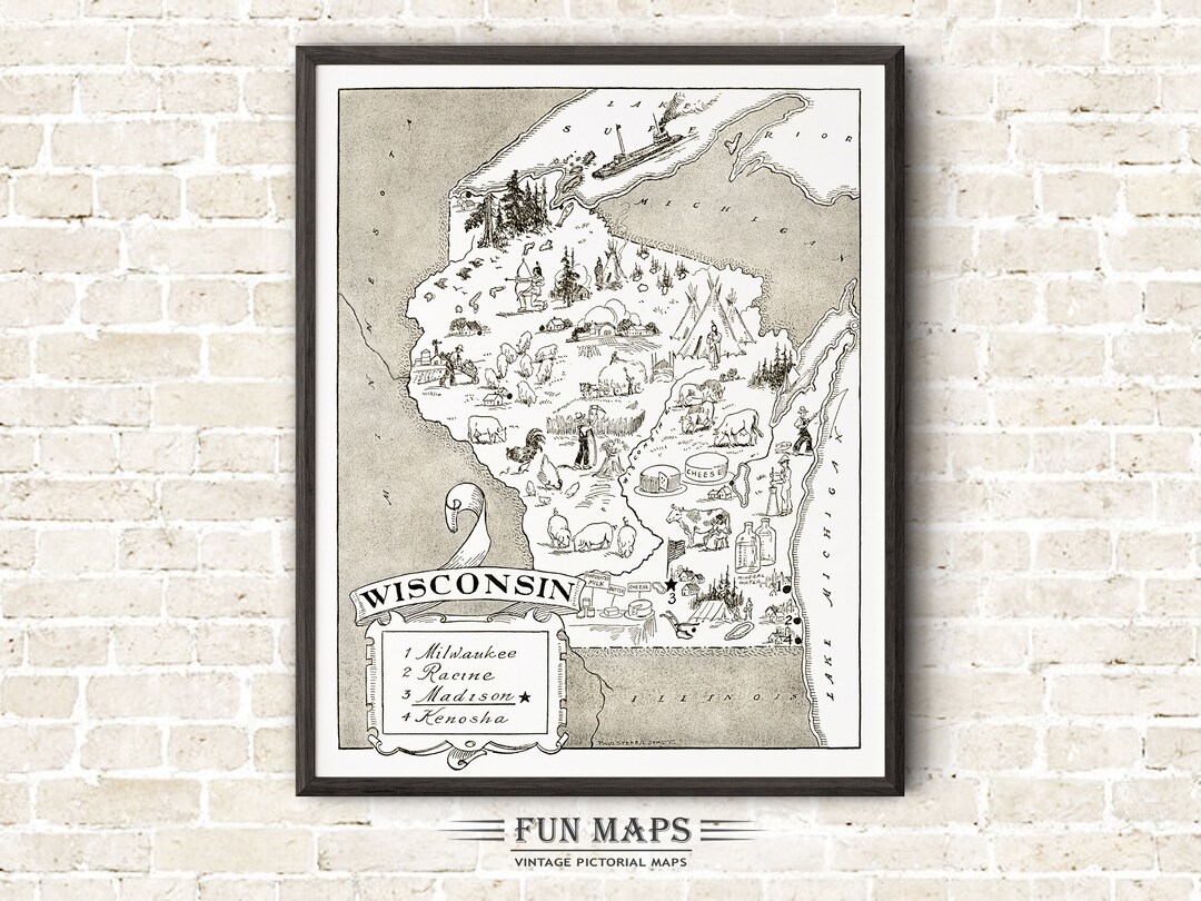 Vintage State Map of Wisconsin – Fun Pictorial Whimsical Cartoon Print ...