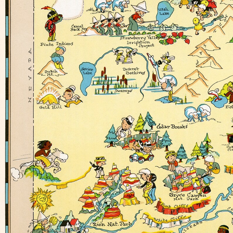 Fun State Map of Utah Vintage Pictorial Whimsical Cartoon Print ...