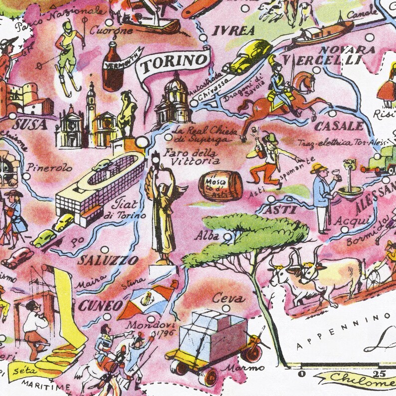 Fun Map of Piedmont in Italy Vintage Pictorial Whimsical Cartoon Old ...