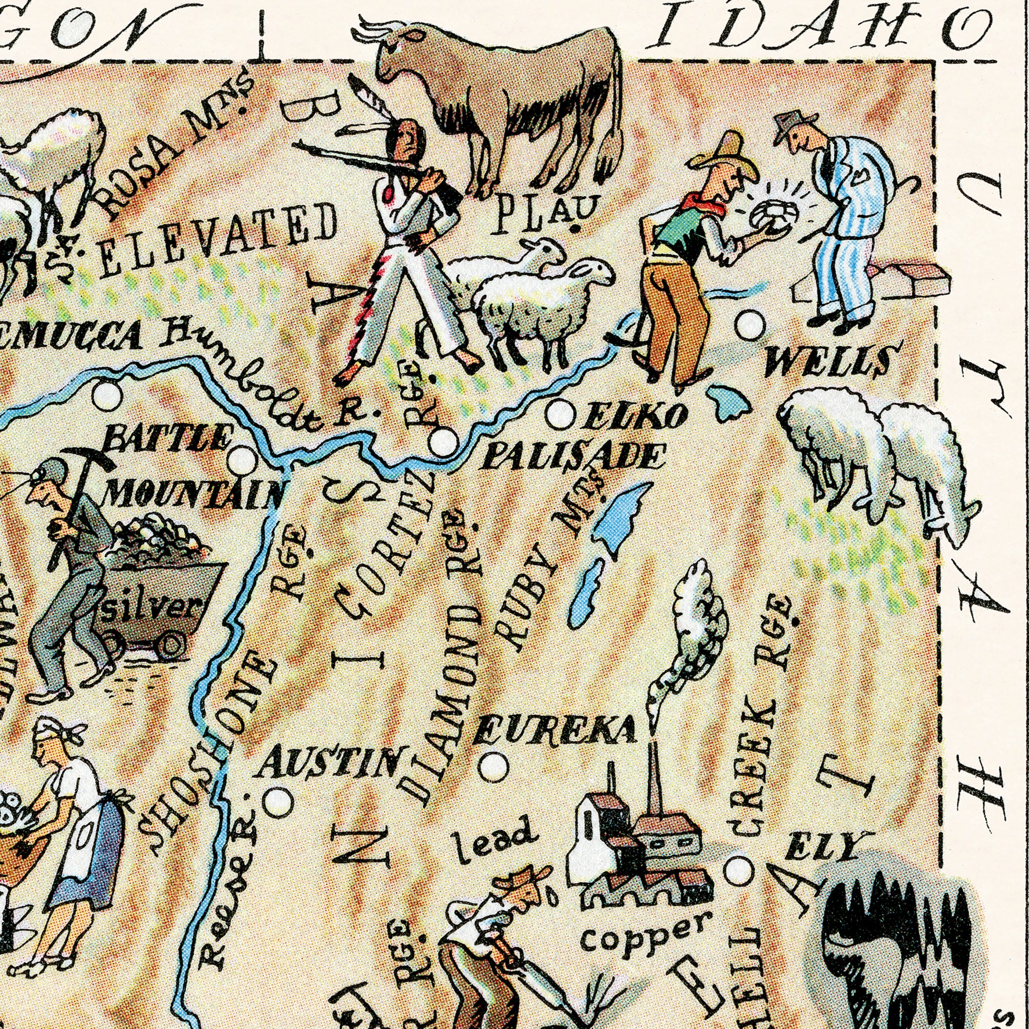 Fun State Map of Nevada – Vintage Pictorial Whimsical Cartoon Print ...