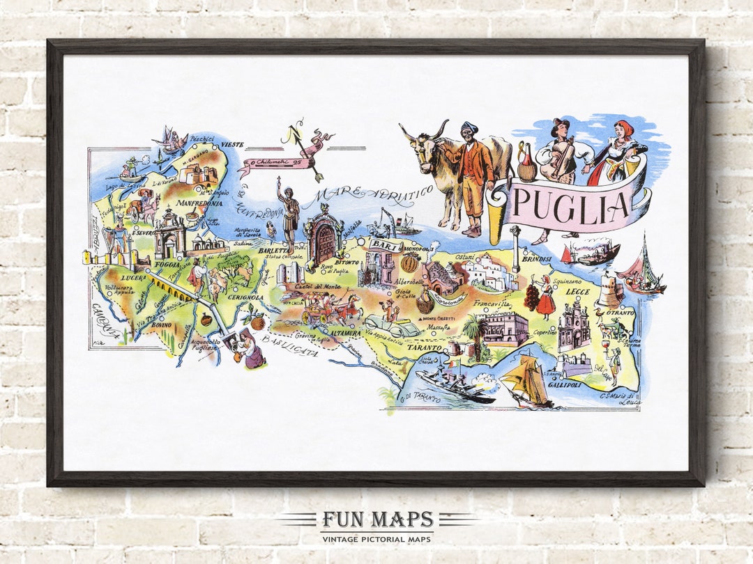 Fun Map of Puglia in Italy Vintage Pictorial Whimsical Cartoon Old ...