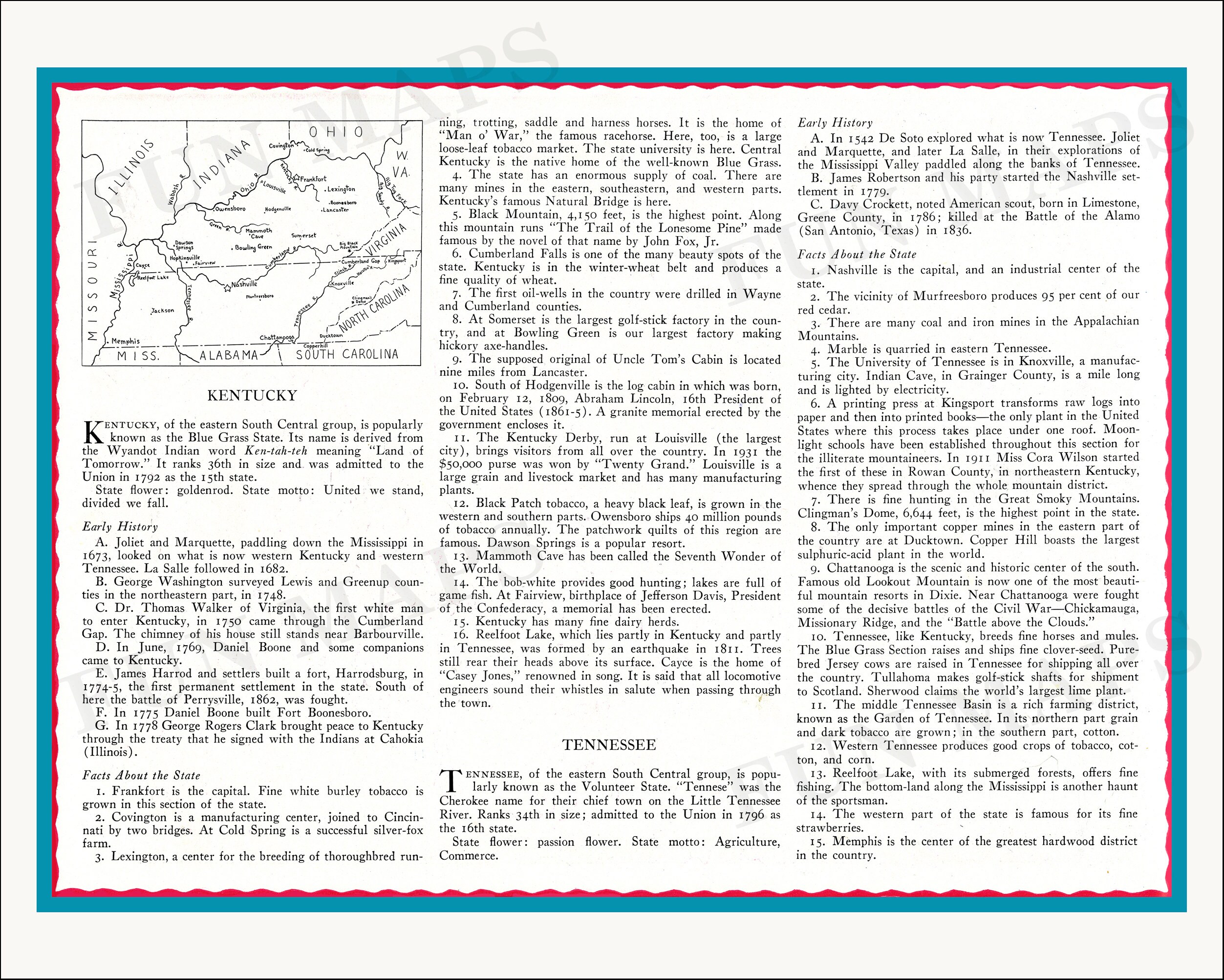 Vintage State Map of Kentucky & Tennessee Pictorial Whimsical Print ...