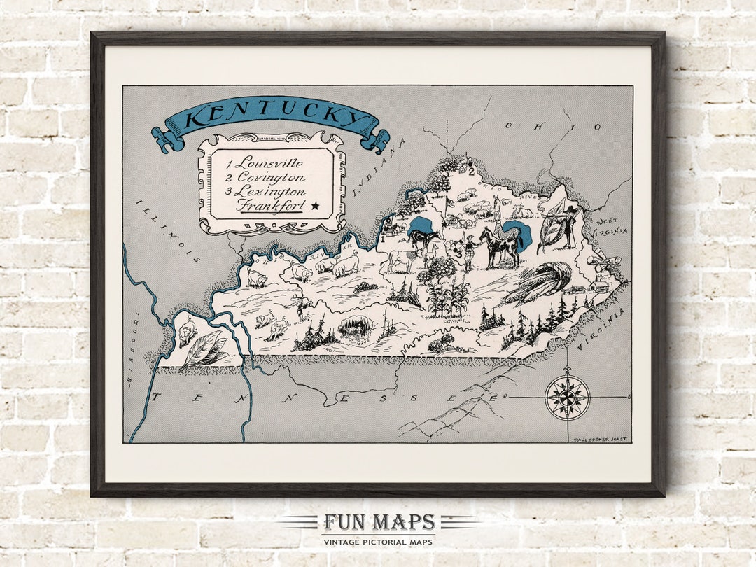 Fun Map of Kentucky – Vintage Pictorial Whimsical Cartoon Print ...