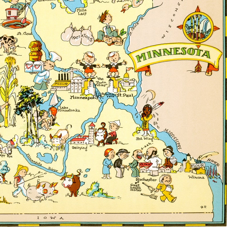 Fun State Map of Minnesota – Vintage Pictorial Whimsical Cartoon Print ...