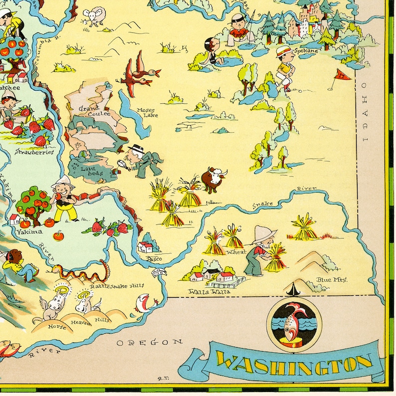 Fun State Map of Washington – Vintage Pictorial Whimsical Cartoon Print ...