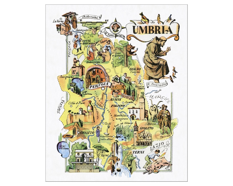 Fun Map of Umbria in Italy Vintage Pictorial Whimsical Cartoon Old ...