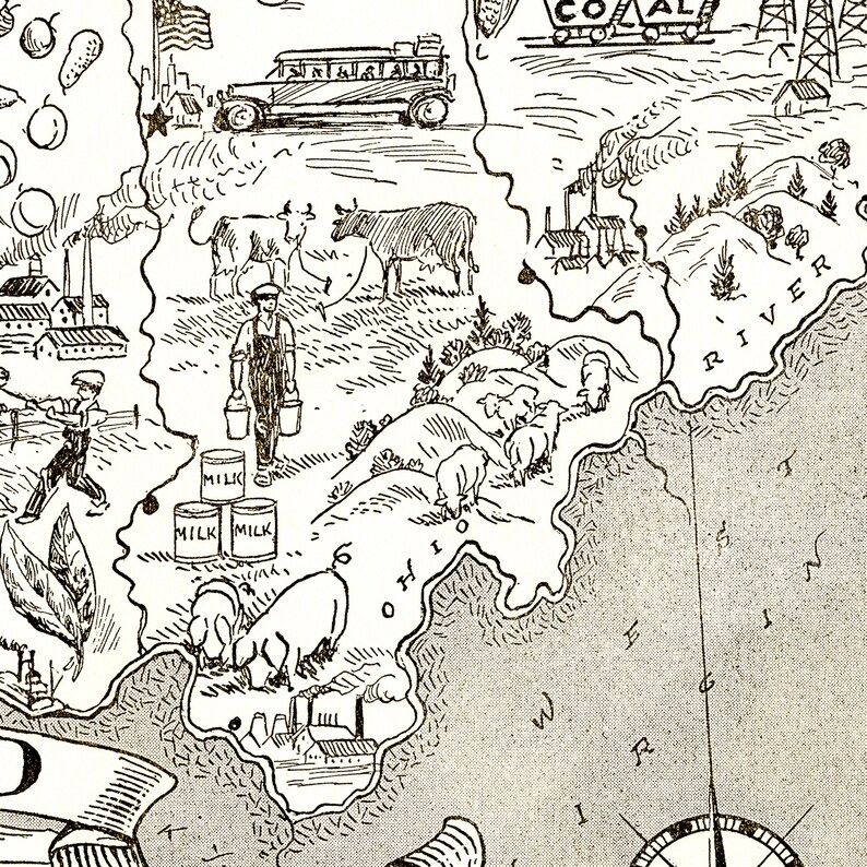 Vintage State Map of Ohio Fun Pictorial Whimsical Cartoon Print ...