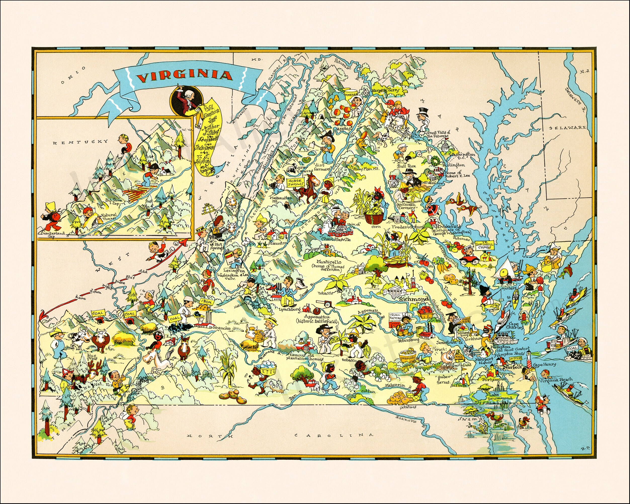 Fun State Map of Virginia Vintage Pictorial Whimsical - Etsy