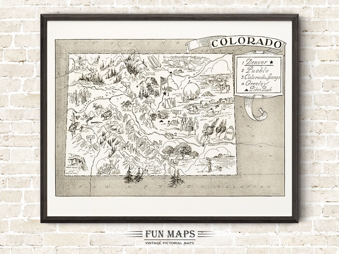 Vintage State Map of Colorado – Fun Pictorial Whimsical Cartoon Print ...