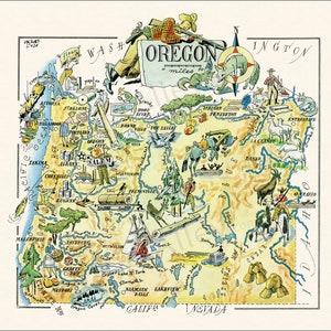Fun State Map of Oregon – Vintage Pictorial Whimsical Cartoon Print ...