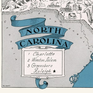 Fun Map of North Carolina – Vintage Pictorial Whimsical Cartoon Print ...
