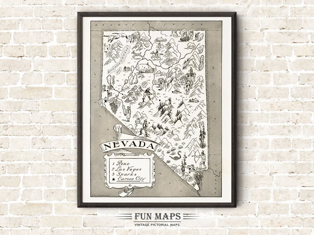 Vintage State Map of Nevada – Fun Pictorial Whimsical Cartoon Print ...