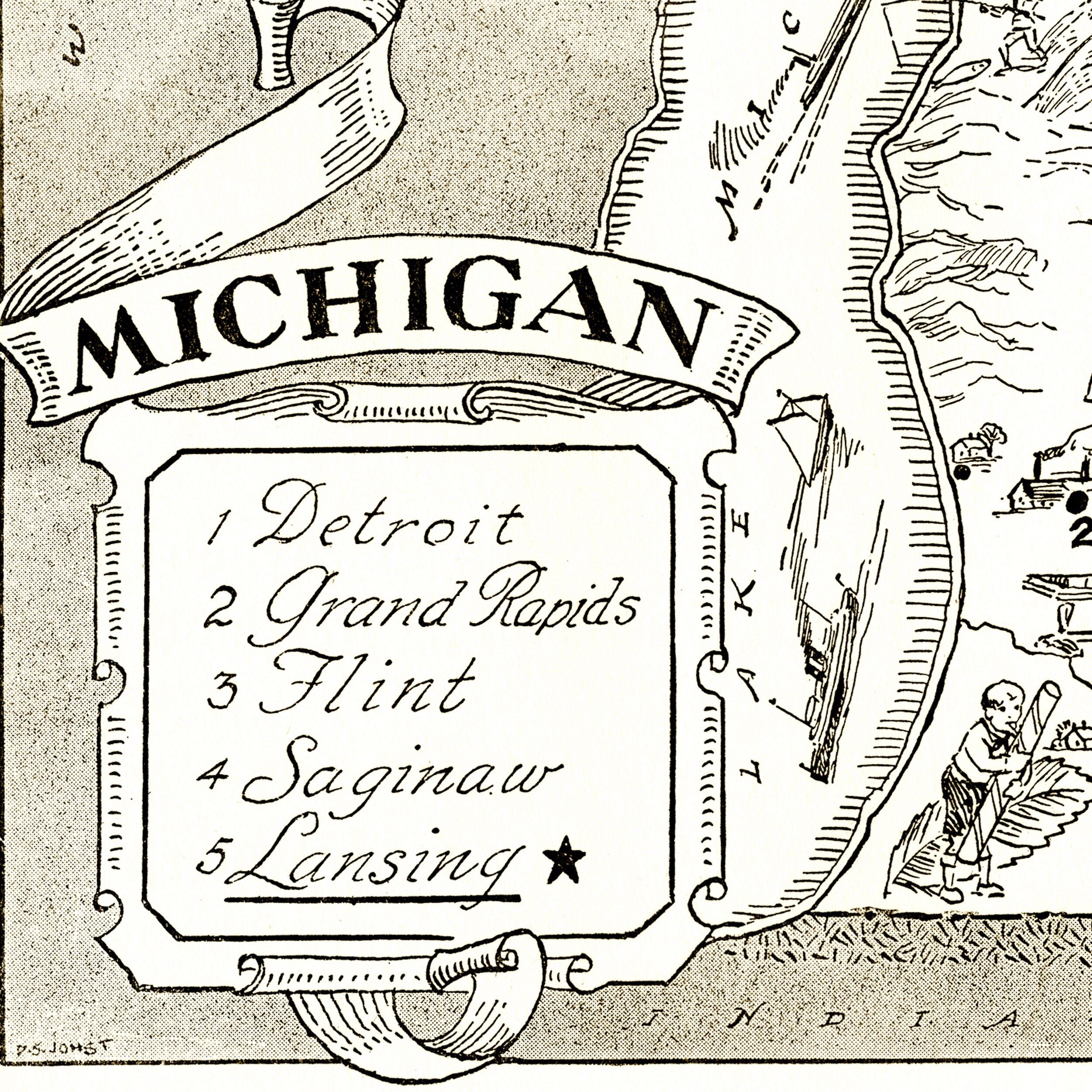 Vintage State Map of Michigan Fun Pictorial Whimsical Cartoon Print ...