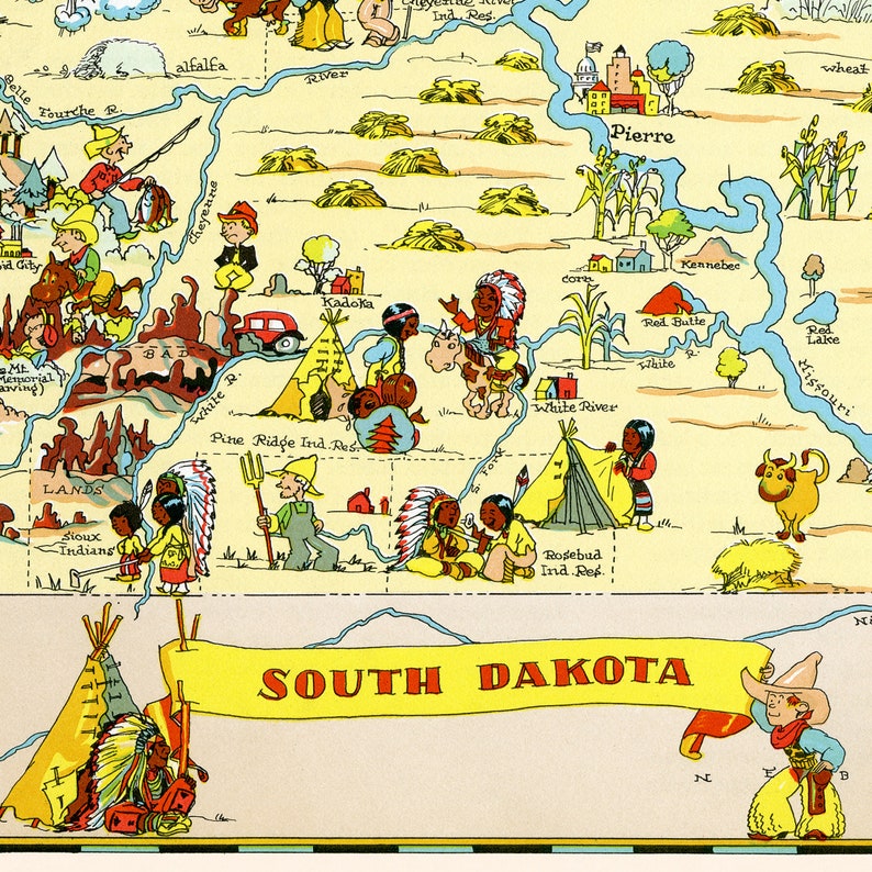 Fun State Map of South Dakota vintage Pictorial Cartoon Print - Etsy