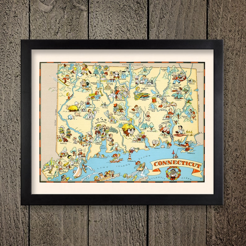 Fun State Map of Connecticut Vintage Pictorial Whimsical Cartoon Print ...