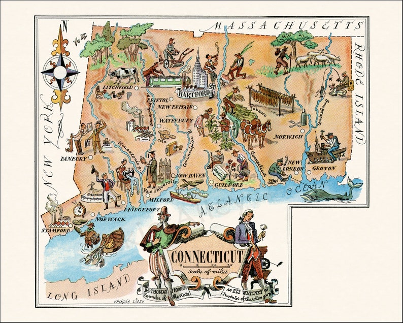 Fun State Map of Connecticut – Vintage Pictorial Whimsical Cartoon ...
