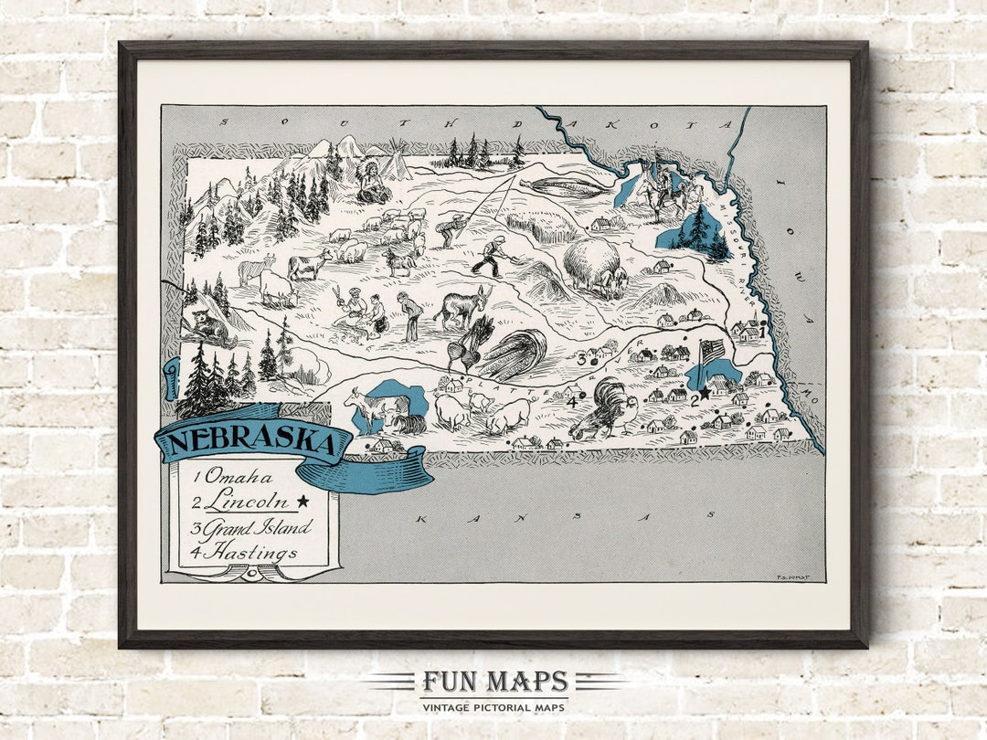Fun Map of Nebraska – Vintage Pictorial Whimsical Cartoon Print ...
