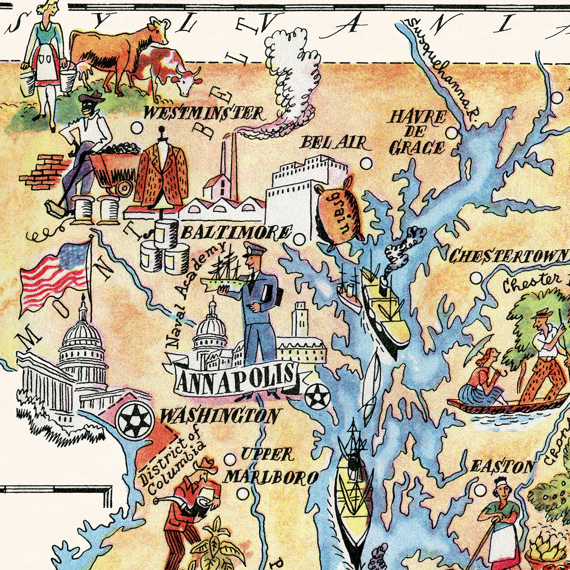 Fun State Map of Maryland – Vintage Pictorial Whimsical Cartoon Print ...