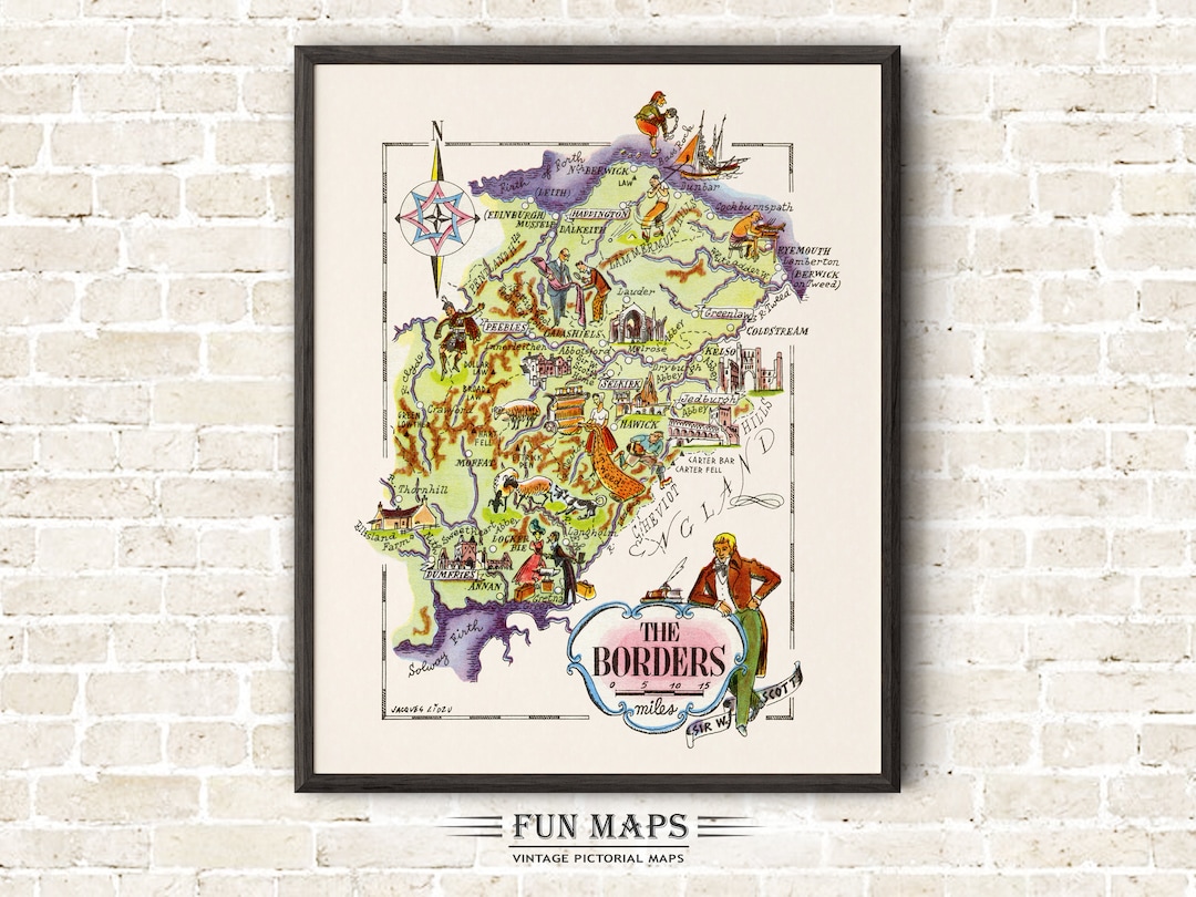 Fun Map of the Borders in Great Britain, England, UK, Vintage Pictorial ...