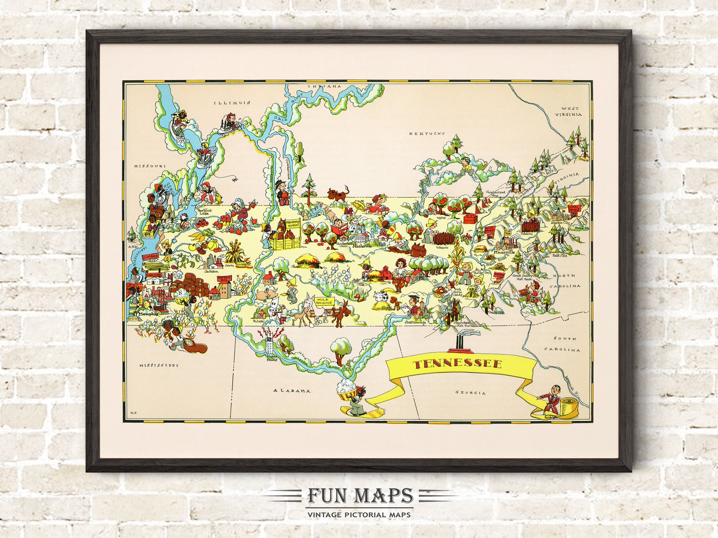 Fun State Map of Tennessee Vintage Pictorial Whimsical - Etsy