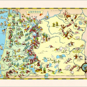 Fun State Map of Oregon – Vintage Pictorial Whimsical Cartoon Print ...