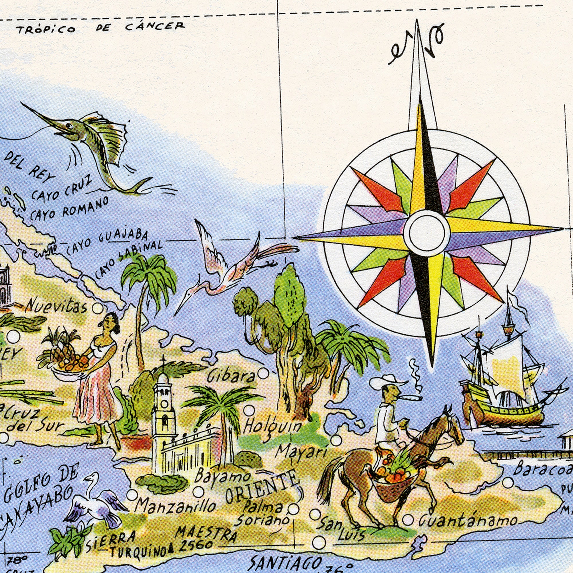 Fun Map of Cuba in the Caribbean Vintage Pictorial Whimsical Cartoon ...