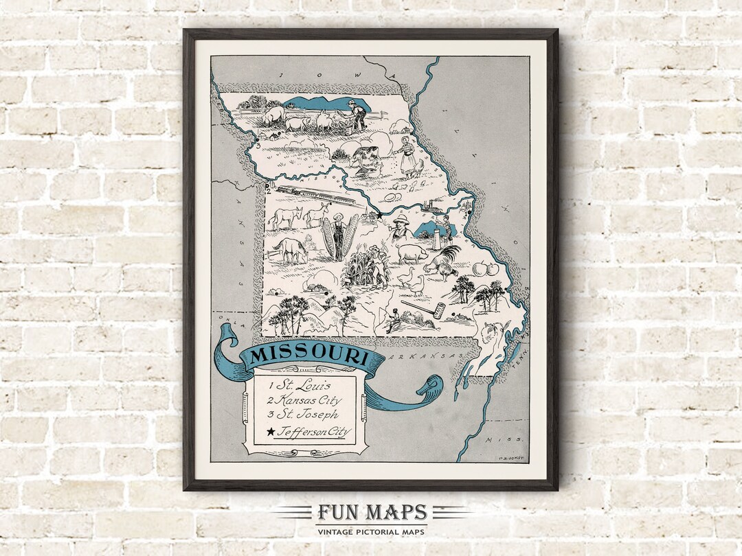 Fun Map of Missouri – Vintage Pictorial Whimsical Cartoon Print ...