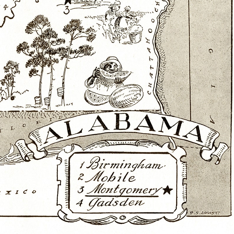 Vintage State Map of Alabama Fun Pictorial Whimsical Cartoon - Etsy
