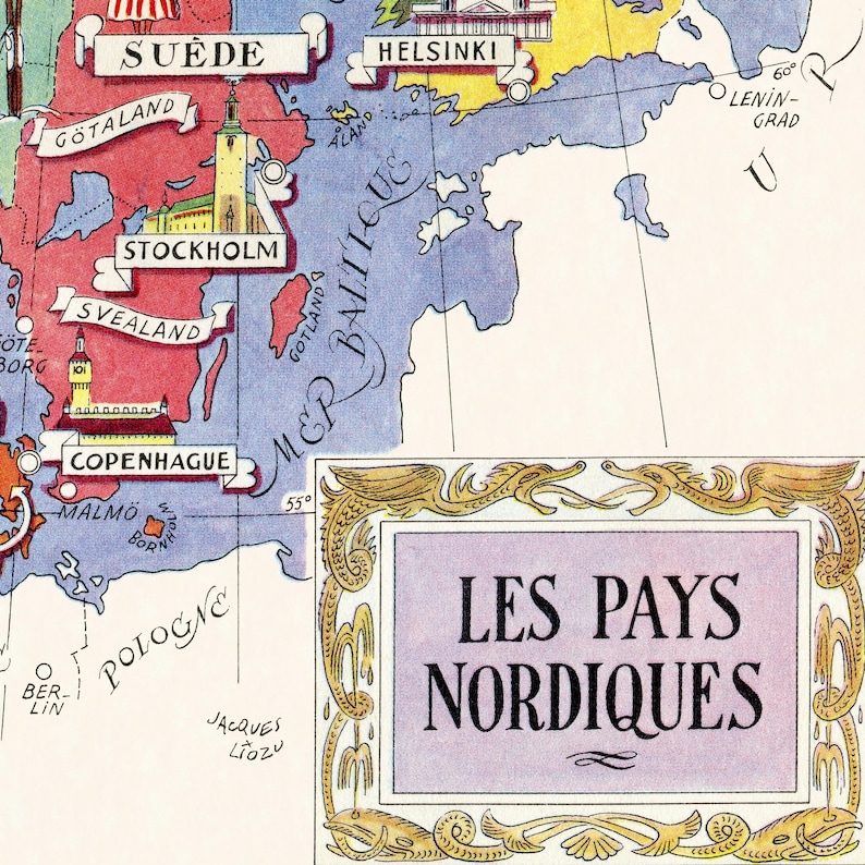 Fun Map of the Nordic Countries Vintage Pictorial Whimsical Cartoon ...